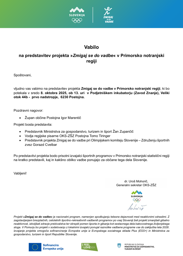 Prijave na brezplačne vodene vadbe v okviru projekta Zmigaj se do vadbe ...